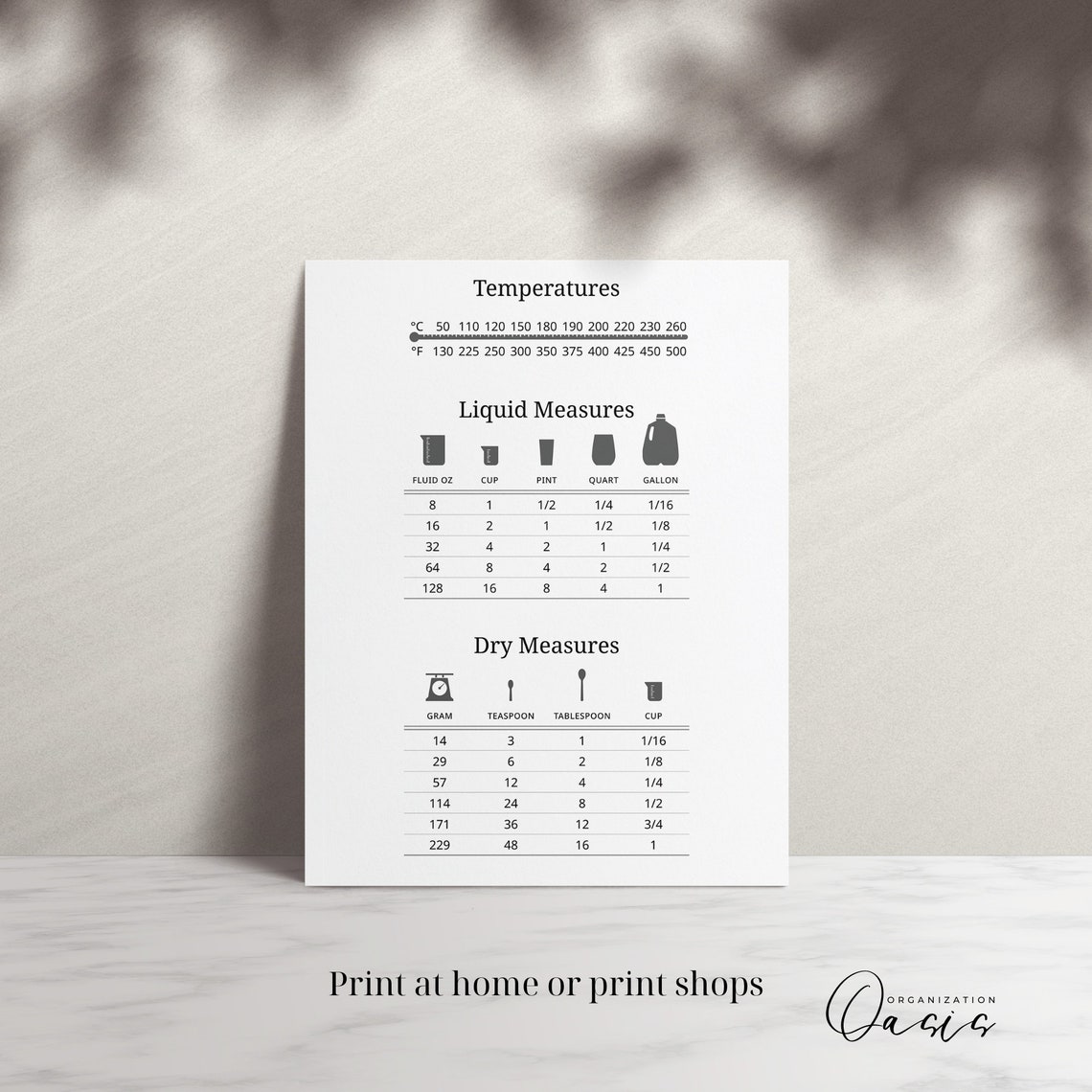 Kitchen Conversion Chart, Printable Kitchen Guide, Measurement Chart ...