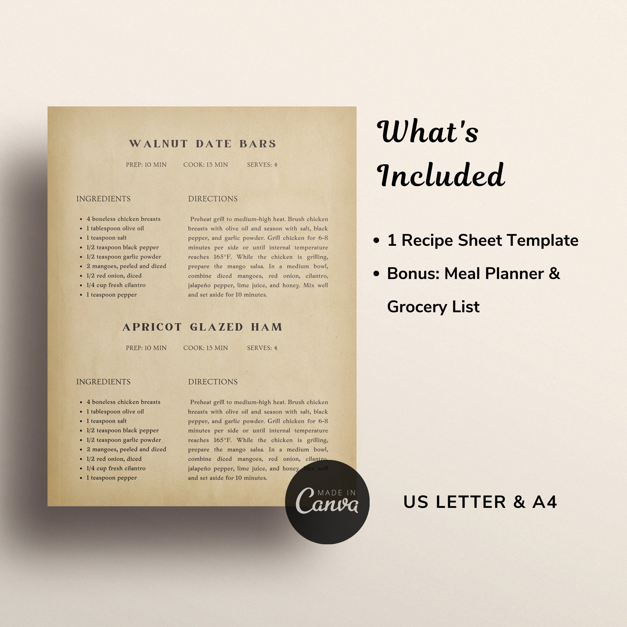 2 Recipes Page Template for Short Recipes, Retro Recipe Template ...