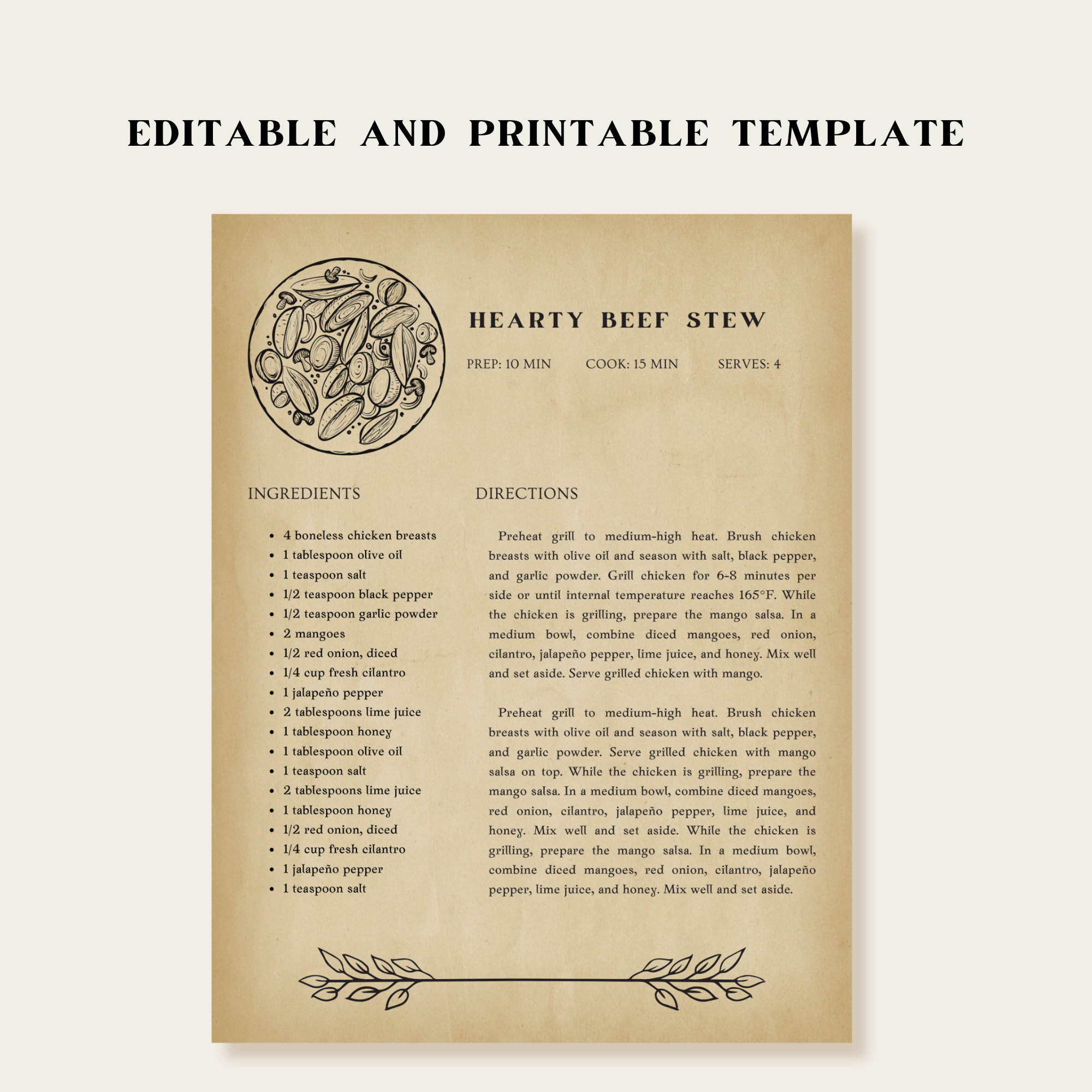 Vintage Recipe Sheet Template for Canva, Editable Retro Recipe Template ...