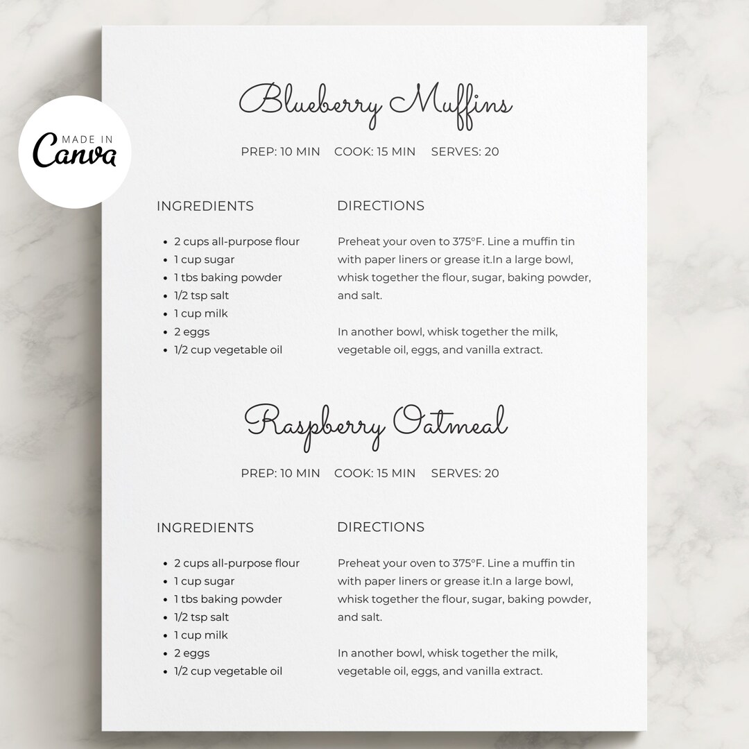 2 Recipes per Page Template for Short Recipes, Editable Recipe Book ...