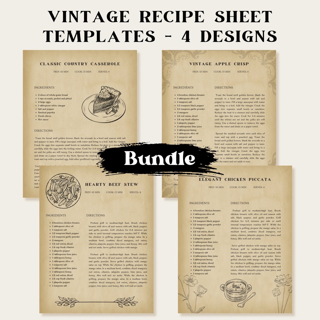 Vintage Recipe Template Bundle for Canva, Printable Retro Recipe Book ...