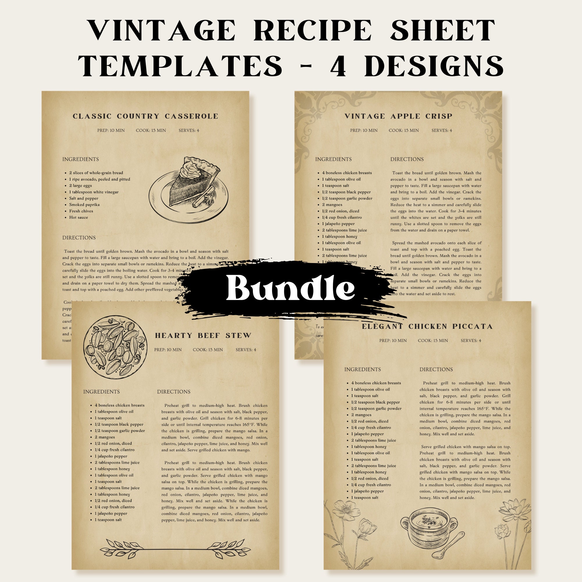 Vintage Recipe Template Bundle for Canva, Printable Retro Recipe Book ...