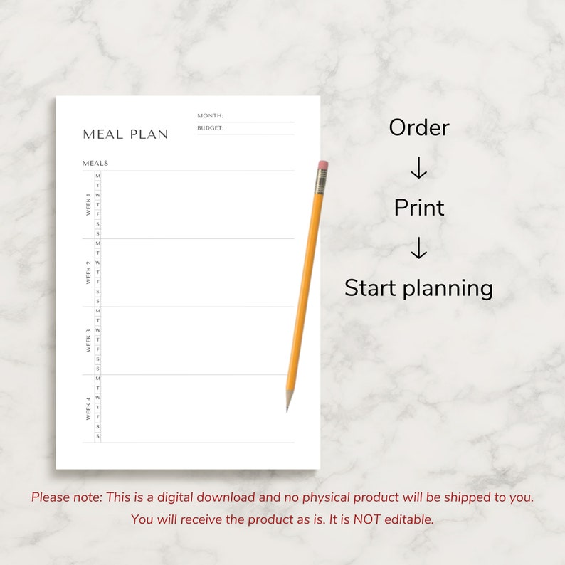 Monthly Meal Planner Printable Minimalist, 30 day Menu Planner, Monthly ...