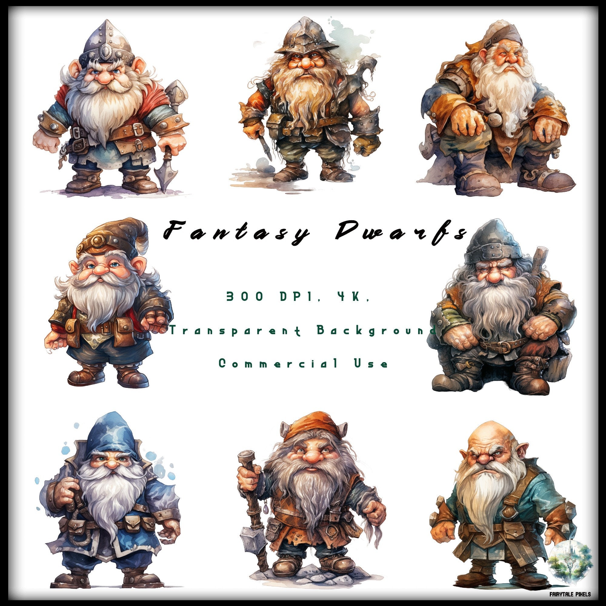 Watercolor Style Fantasy Dwarf Clip Art Detailed Cartoon Character ...