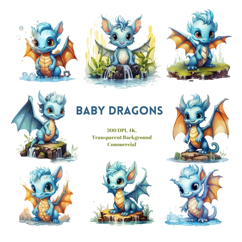 Cute Cartoon Dragon Watercolor Clip Art Detailed Fantasy Design on ...