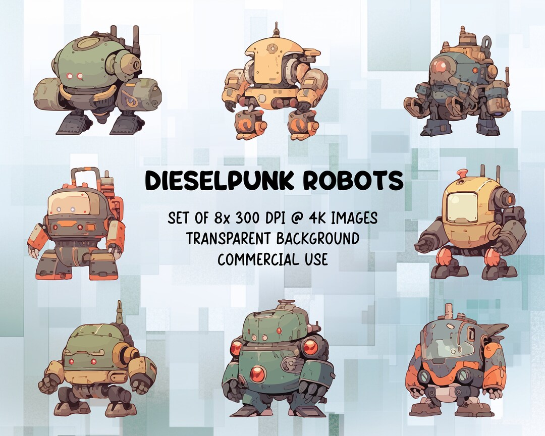 Dieselpunk Robot Clip Arts: Vintage-futuristic Designs for Industrial ...