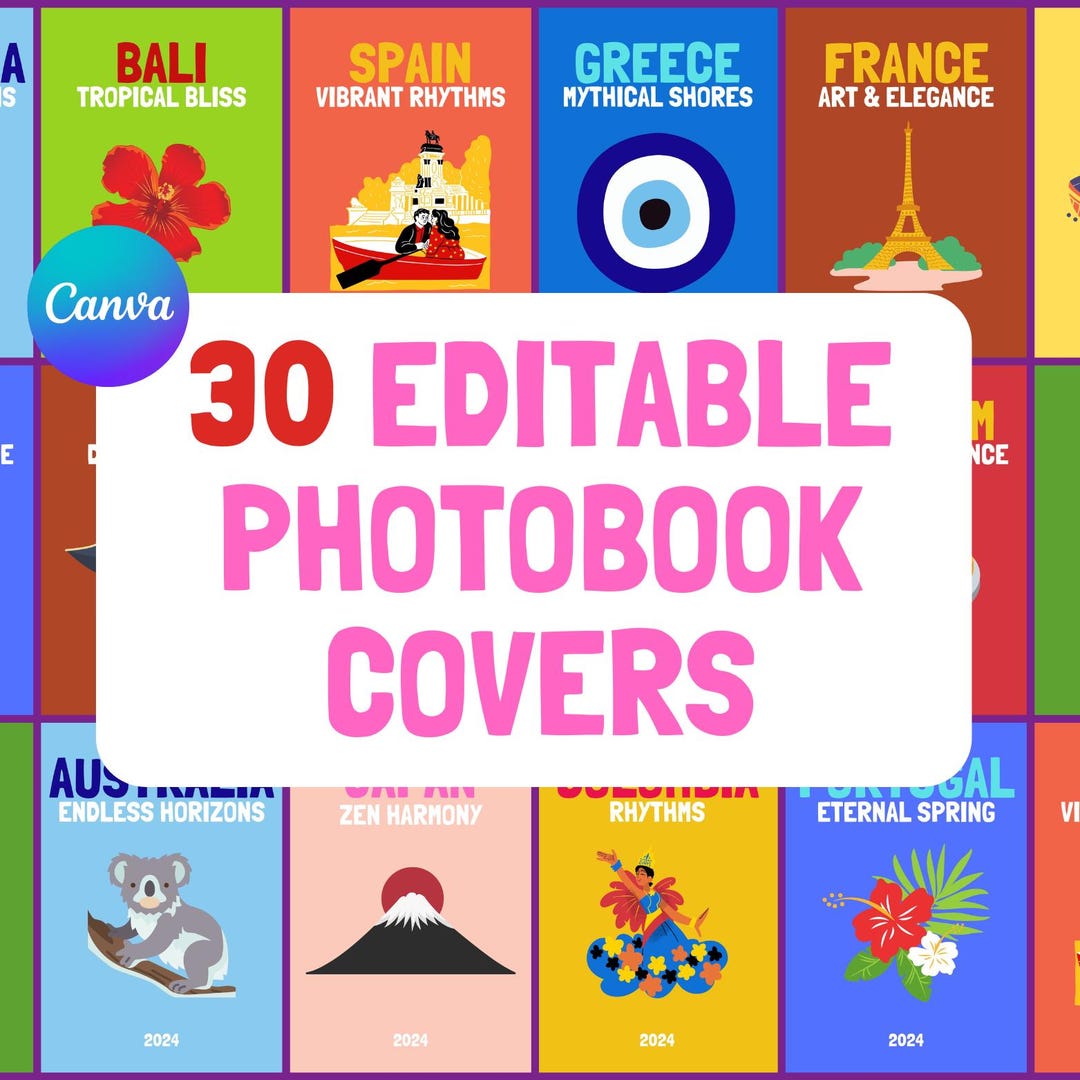 30 Editable Photobook Covers | Canva Template | Customizable Travel ...
