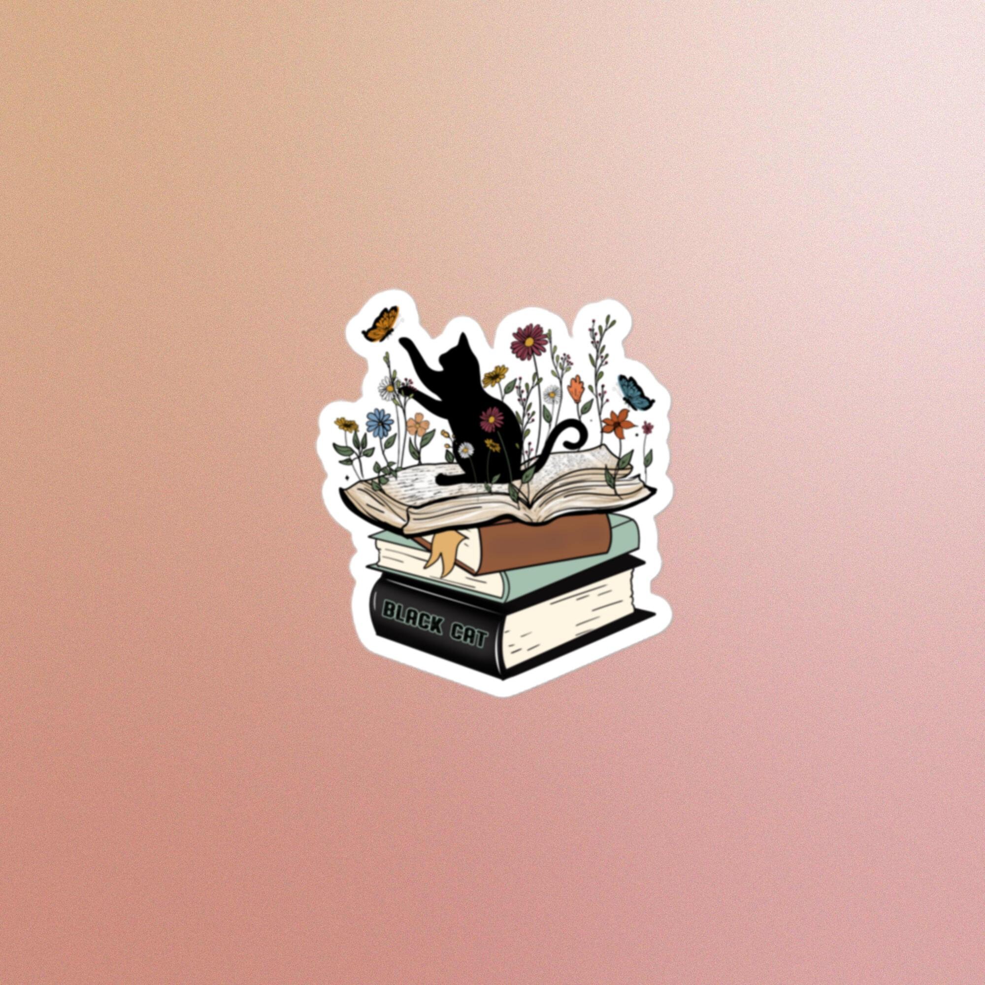 Cat on Books Sticker, Butterfly, Nature, Flowers, Kitty, Black Cat ...