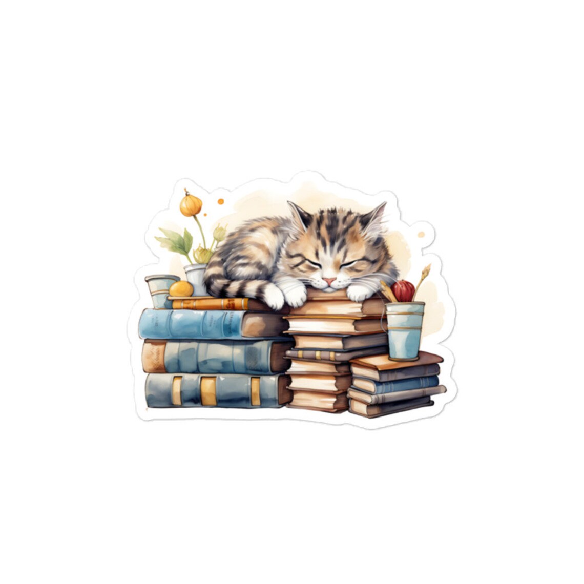 Cat Sleeping on Books Sticker, Bookworm, Kitty, Cat Nap, Relaxing ...