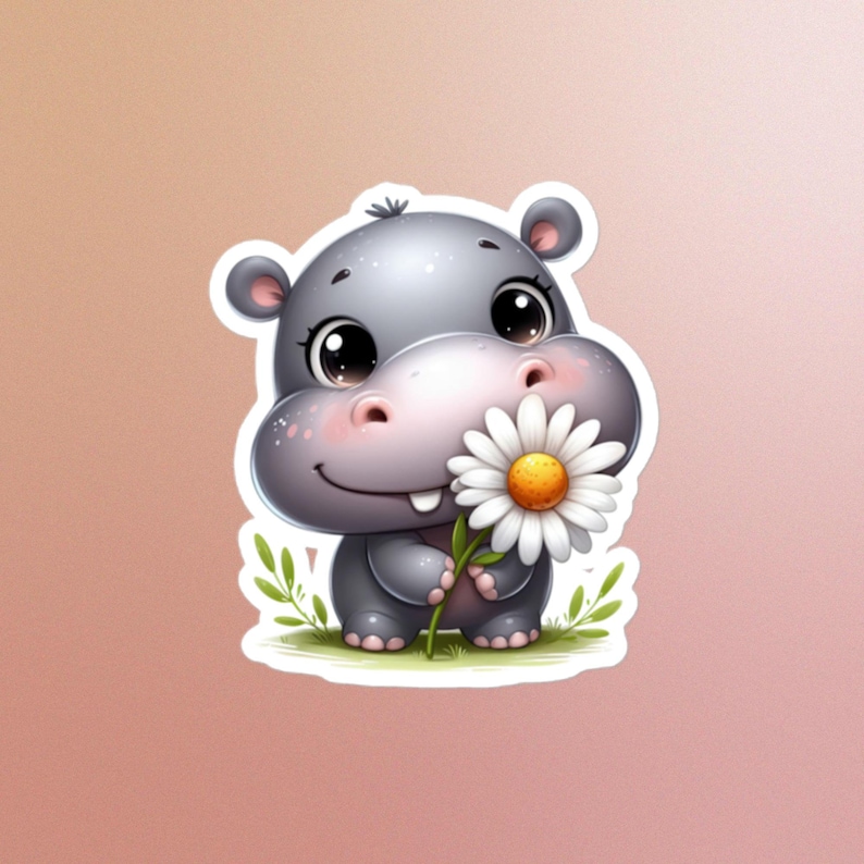 Hippo Sticker, Cute, Daisy, Flowers, Hippopotamus, Animal Art, Adorable ...