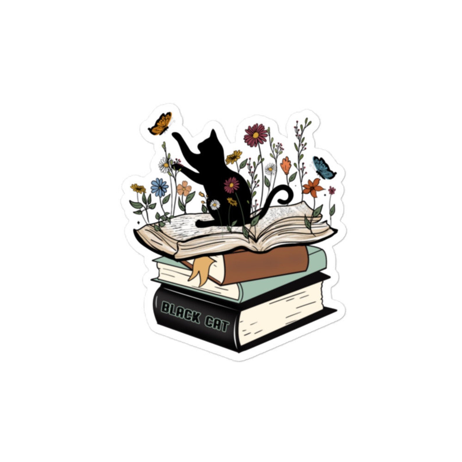 Cat on Books Sticker, Butterfly, Nature, Flowers, Kitty, Black Cat ...