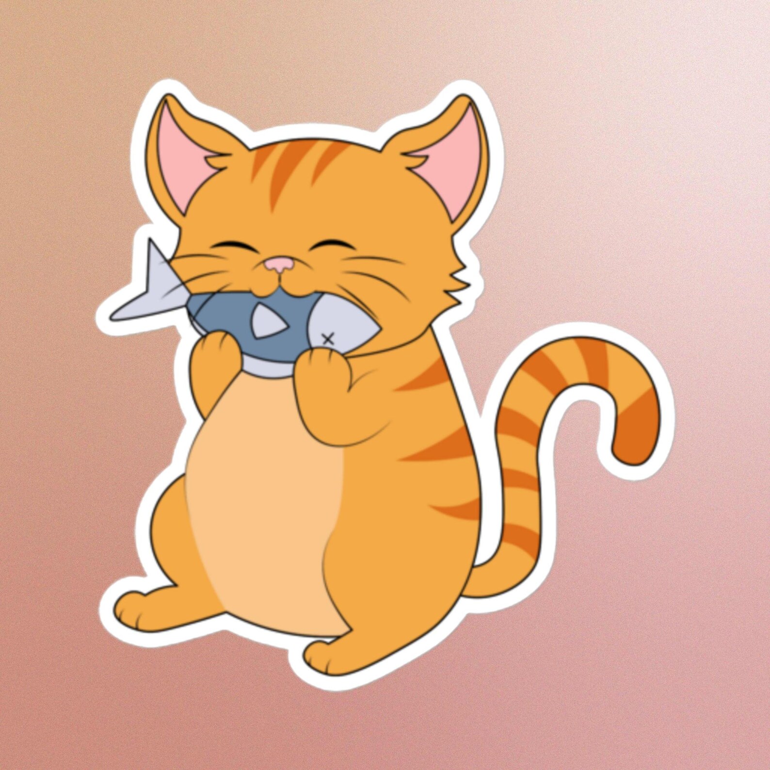 Cat Eating Fish Sticker, Funny, Food Lover, Hungry, Silly, Orange Cat ...