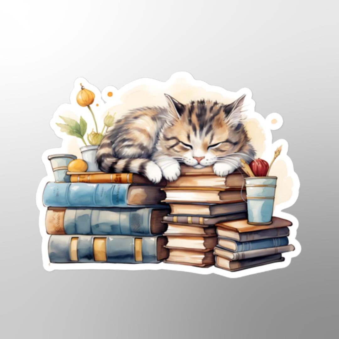 Cat Sleeping on Books Sticker, Bookworm, Kitty, Cat Nap, Relaxing ...