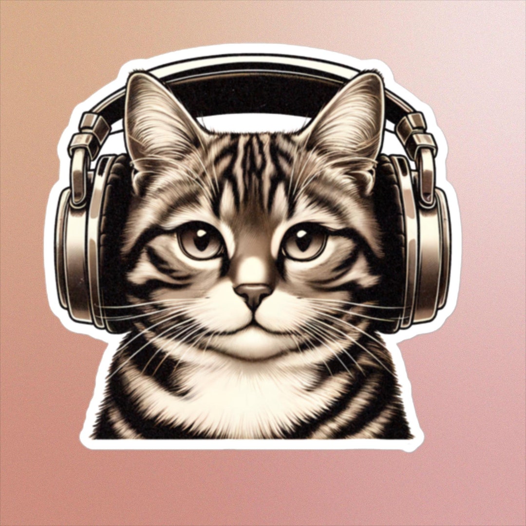 Cat Sticker, Cute Cat, Cat With Headphones, Adorable, Playful Animal ...