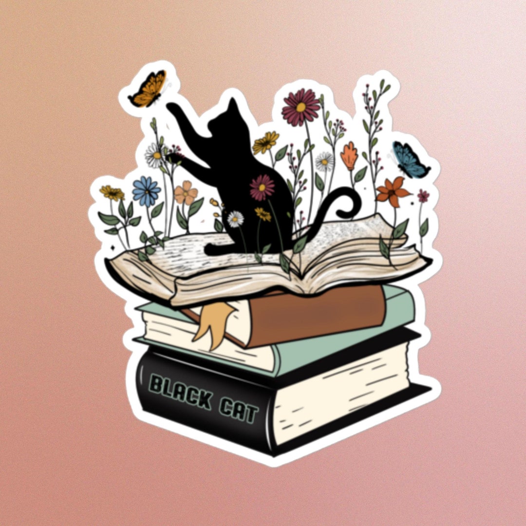 Cat on Books Sticker, Butterfly, Nature, Flowers, Kitty, Black Cat ...