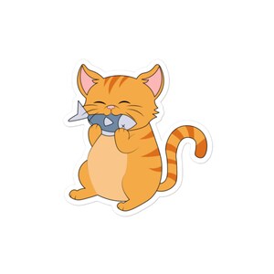 Cat Eating Fish Sticker, Funny, Food Lover, Hungry, Silly, Orange Cat ...