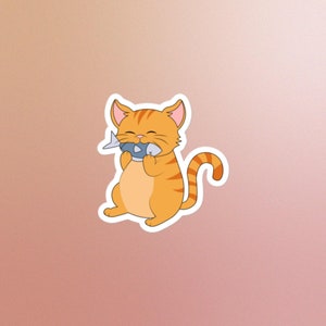 Cat Eating Fish Sticker, Funny, Food Lover, Hungry, Silly, Orange Cat ...