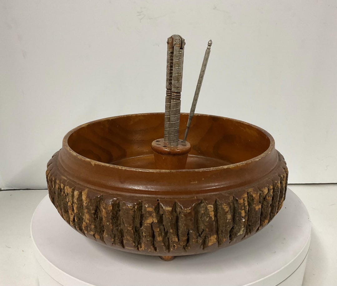 Vintage Midcentury Tree Bark Nut Bowl With Nutcracker and Pick - Etsy