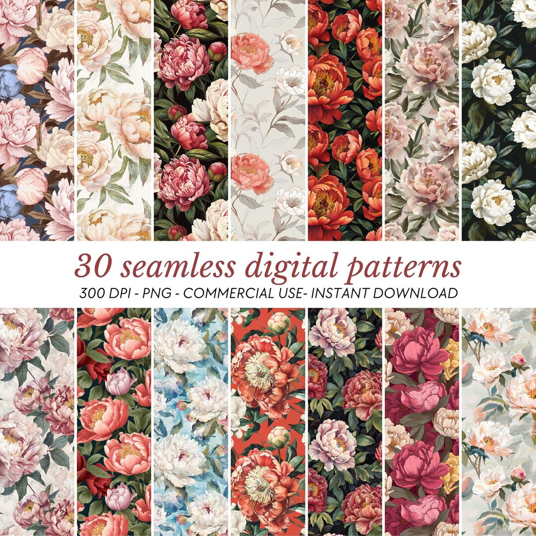 30 Seamless Digital Papers, Peonies Floral, Summer Flowers, Commercial ...