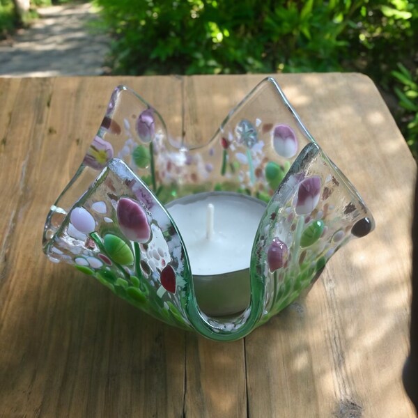 Handmade Fused Stained Glass Tea Light Candle Holder. Flower Pot Design ...