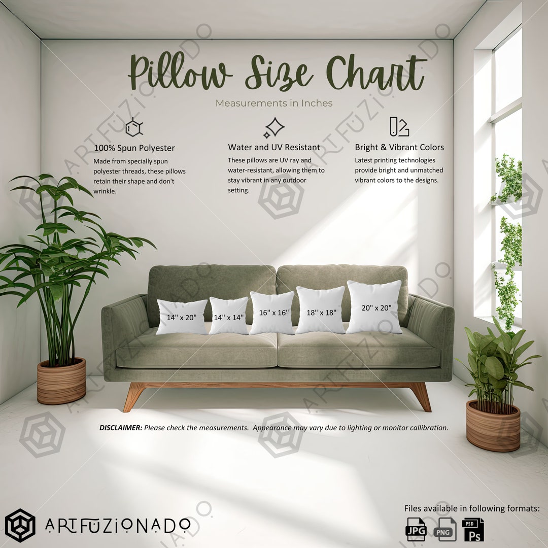 Pillow Mockup Size Chart, Spun Polyester Pillow Mockup for Printify ...