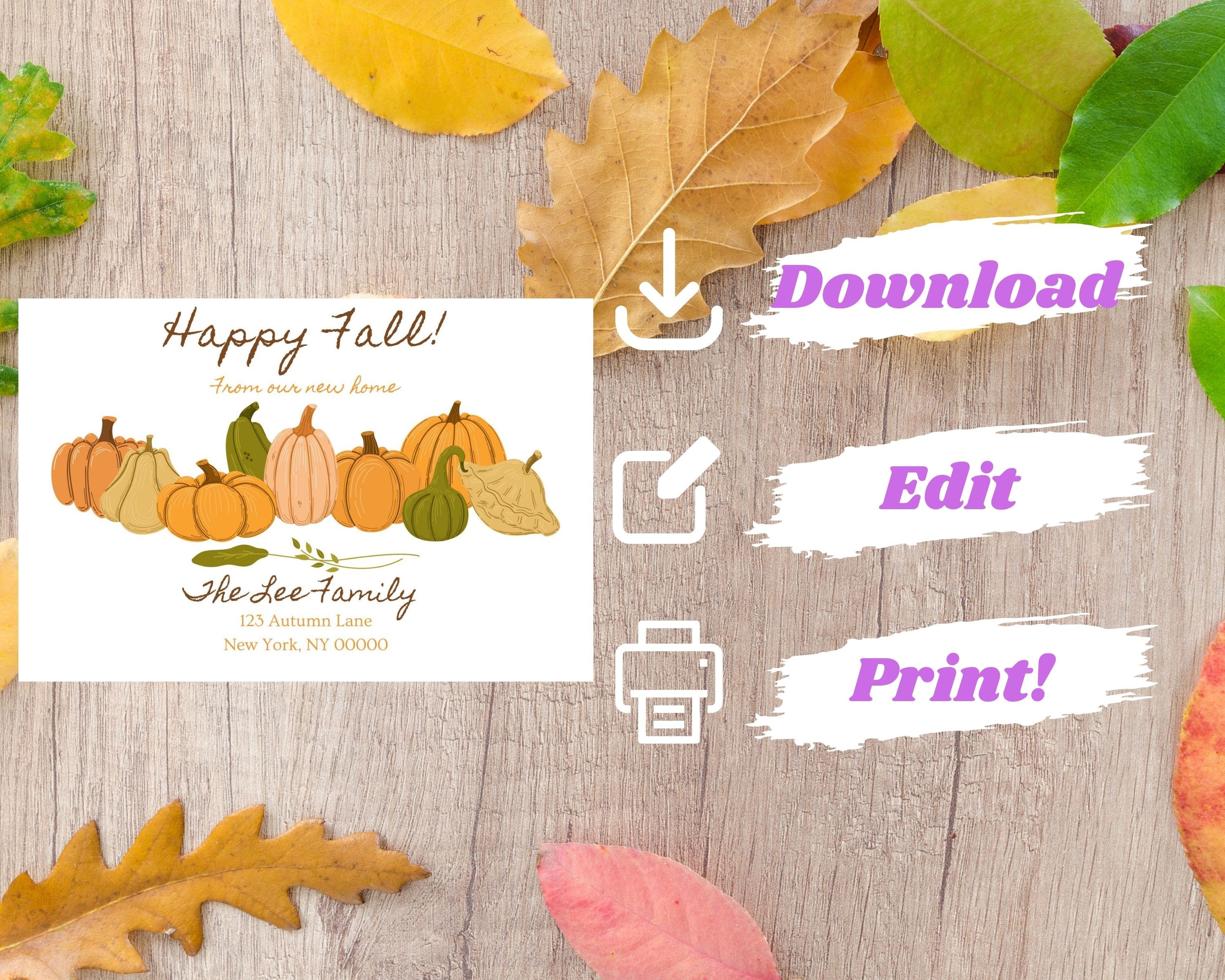 Change of Address Card, Digital Download, Happy Fall, Pumpkin, Seasonal ...