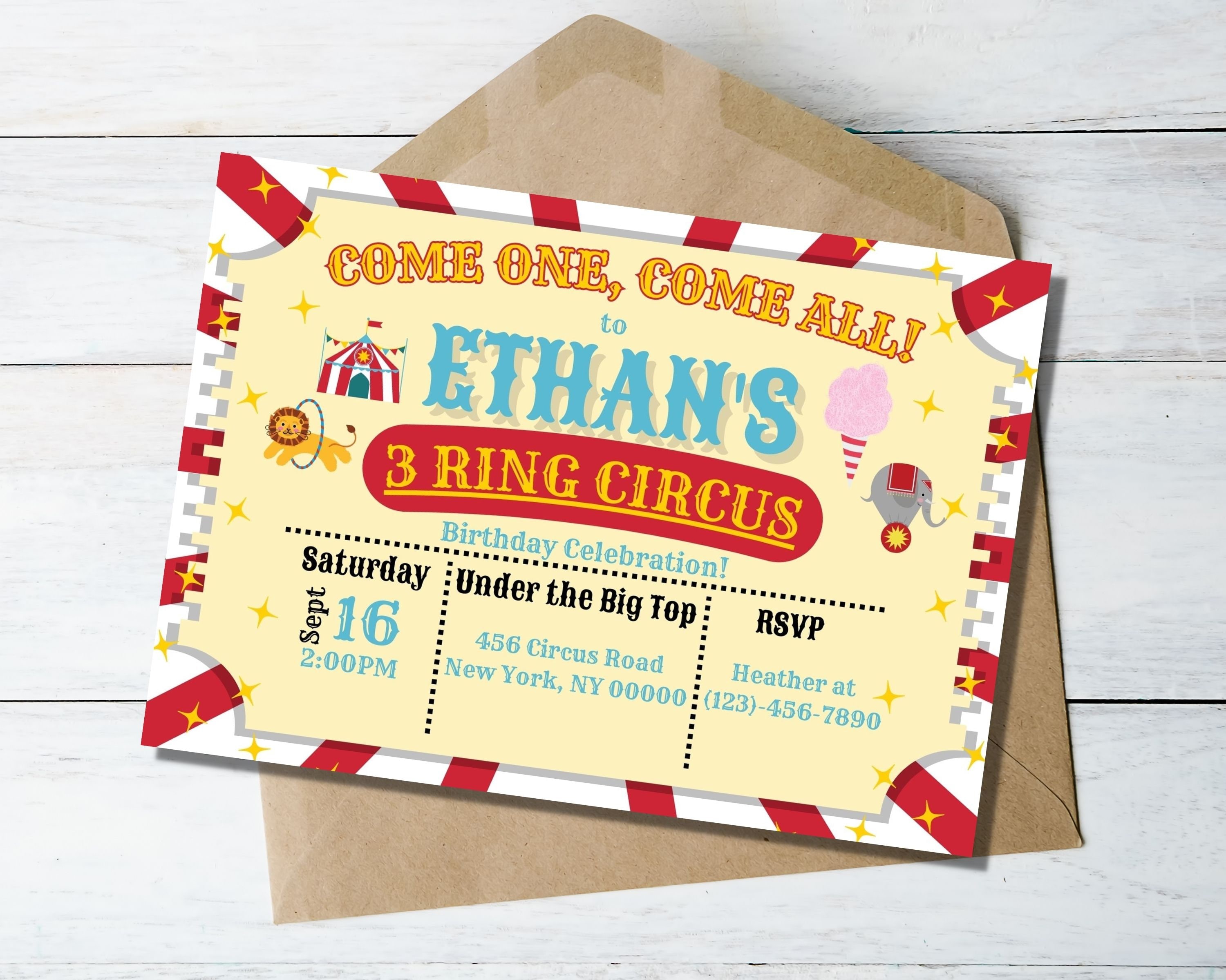Three Ring Circus Birthday Invitation, Three Year Old Birthday ...