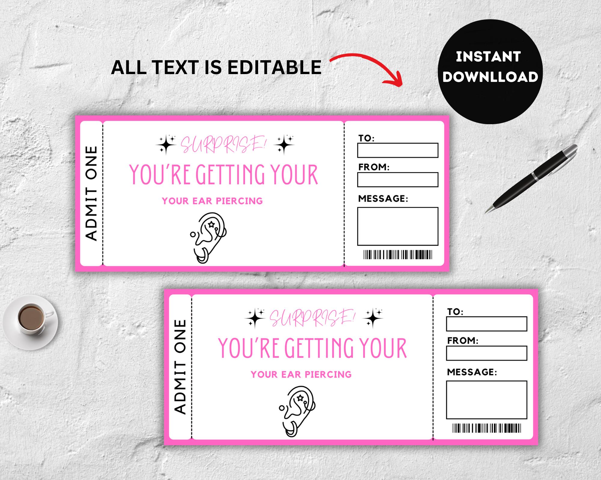 Editable Ear Piercing Ticket Template, Ear Pierce Coupon, Birthday Gift ...