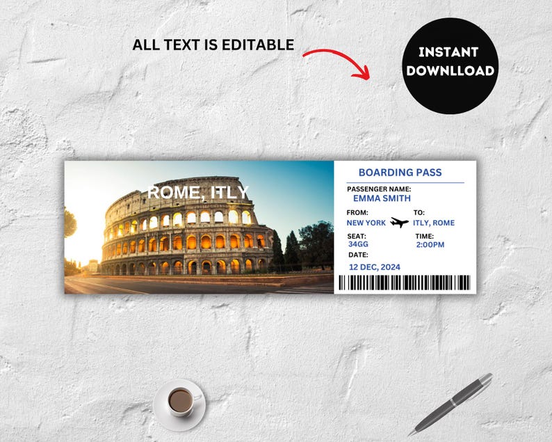 Editable Plane Ticket Template, Boarding Pass, Vacation Airplane Trip ...