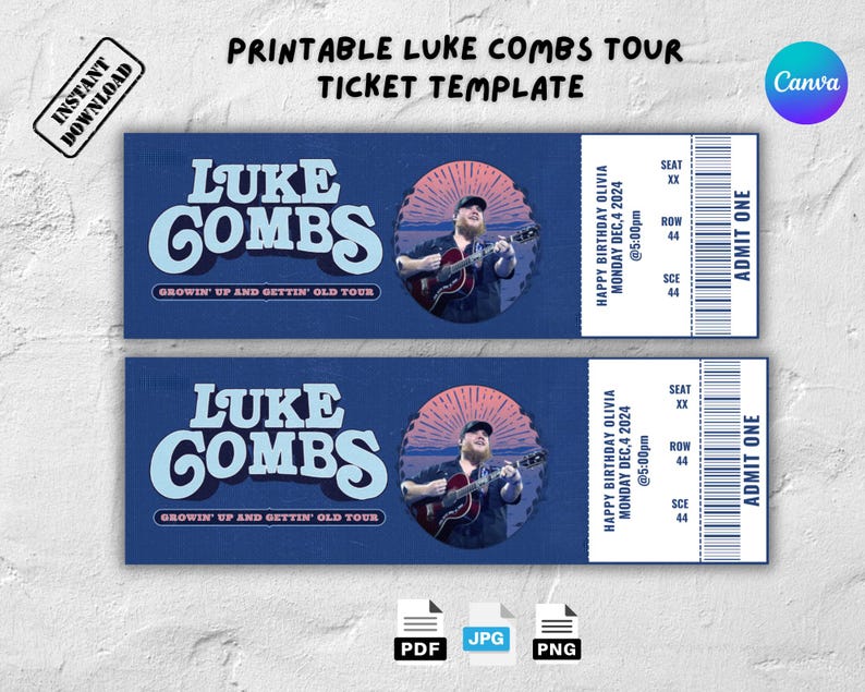Editable Luke Combs Tour Concert Ticket, Luke Combs Tour, Birthday ...