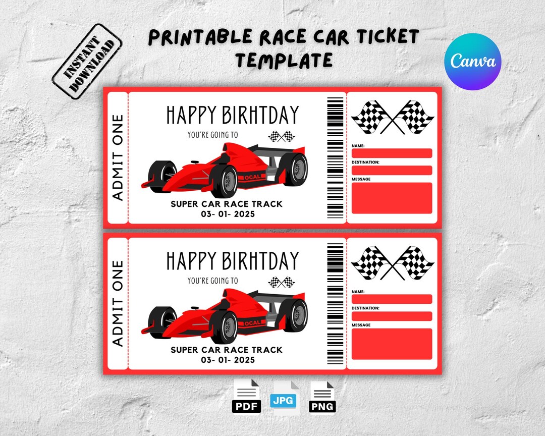Printable Race Car Ticket Template, Racing Car Ticket, Birthday Gift ...
