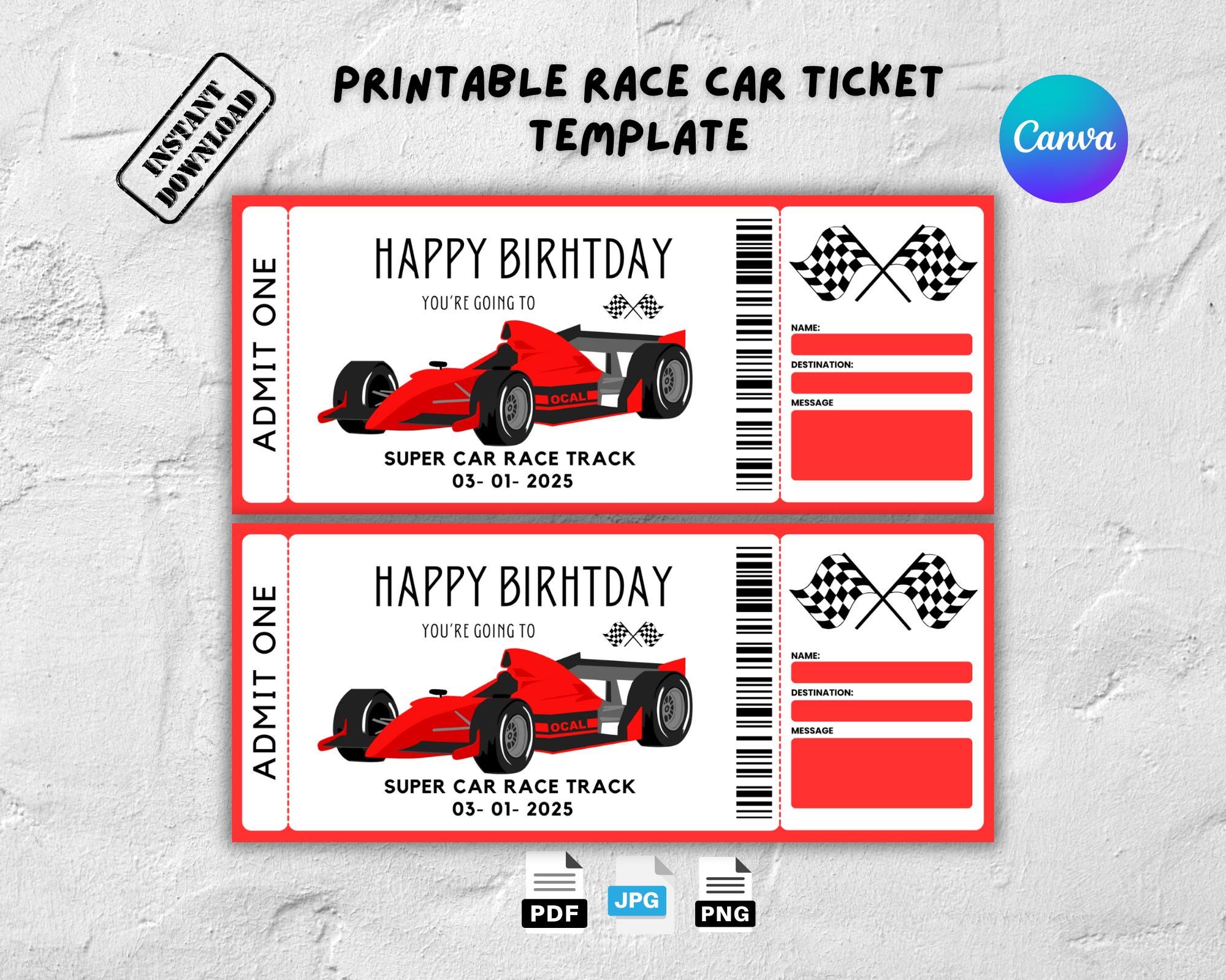 Printable Race Car Ticket Template, Racing Car Ticket, Birthday Gift ...