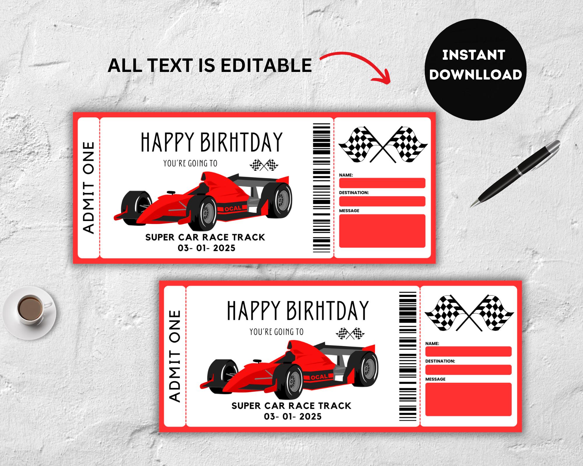 Printable Race Car Ticket Template, Racing Car Ticket, Birthday Gift ...
