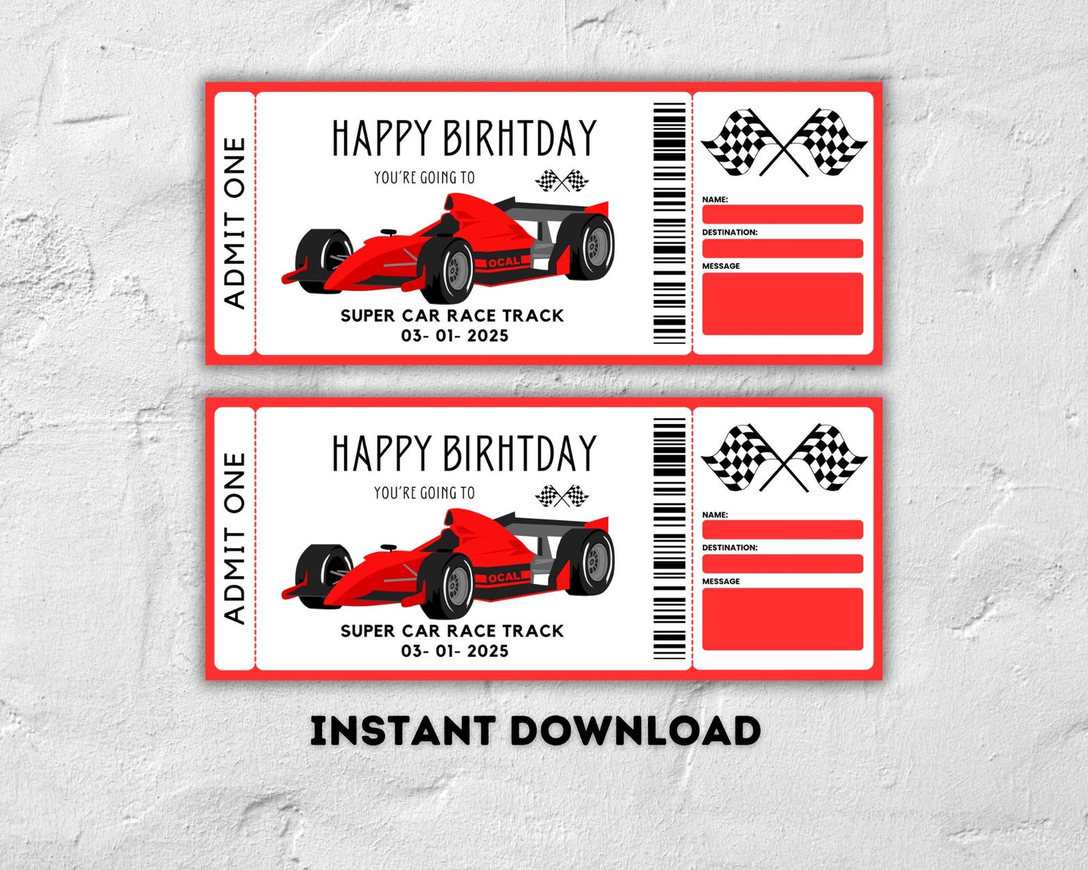 Printable Race Car Ticket Template, Racing Car Ticket, Birthday Gift ...