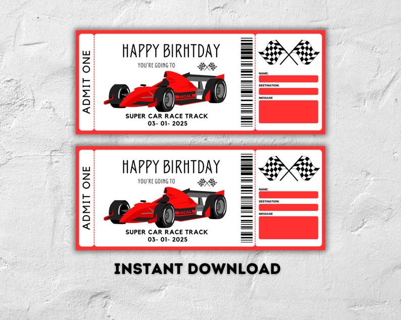 Printable Race Car Ticket Template, Racing Car Ticket, Birthday Gift ...