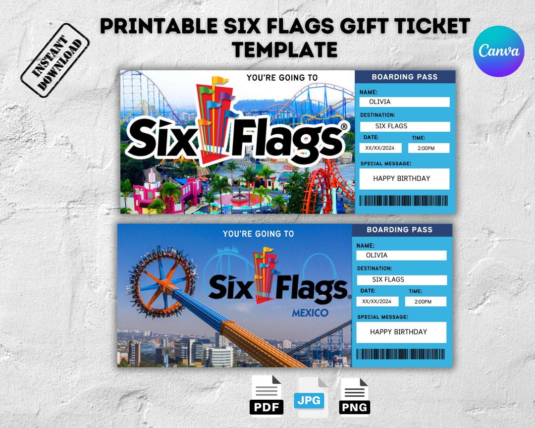 Printable Six Flags Gift Ticket Template, Boarding Pass, Birthday ...