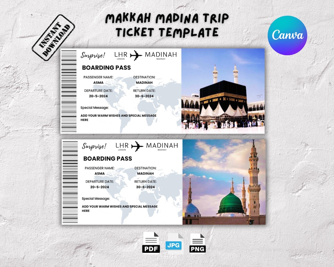 Hajj Plane Ticket Template, Printable Madina Ticket, Makkah Surprise ...