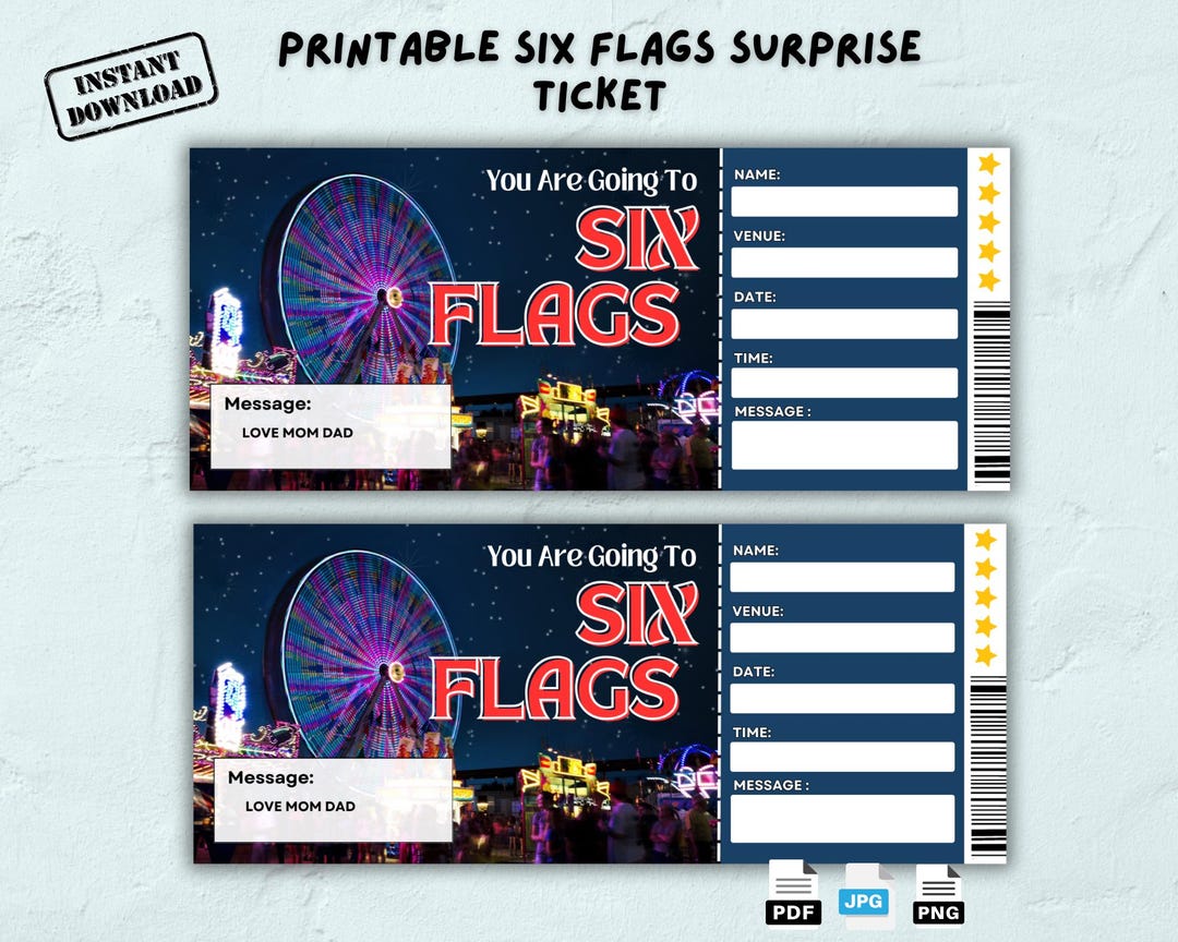 Printable Six Flags Gift Ticket Template, Boarding Pass, Birthday ...