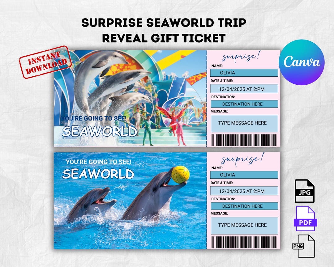 Editable Seaworld Surprise Trip Reveal Ticket, Ticket Template ...