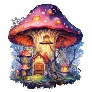 Moonlight Rainbow Fairy Tail House Watercolor Clipart, Watercolor ...
