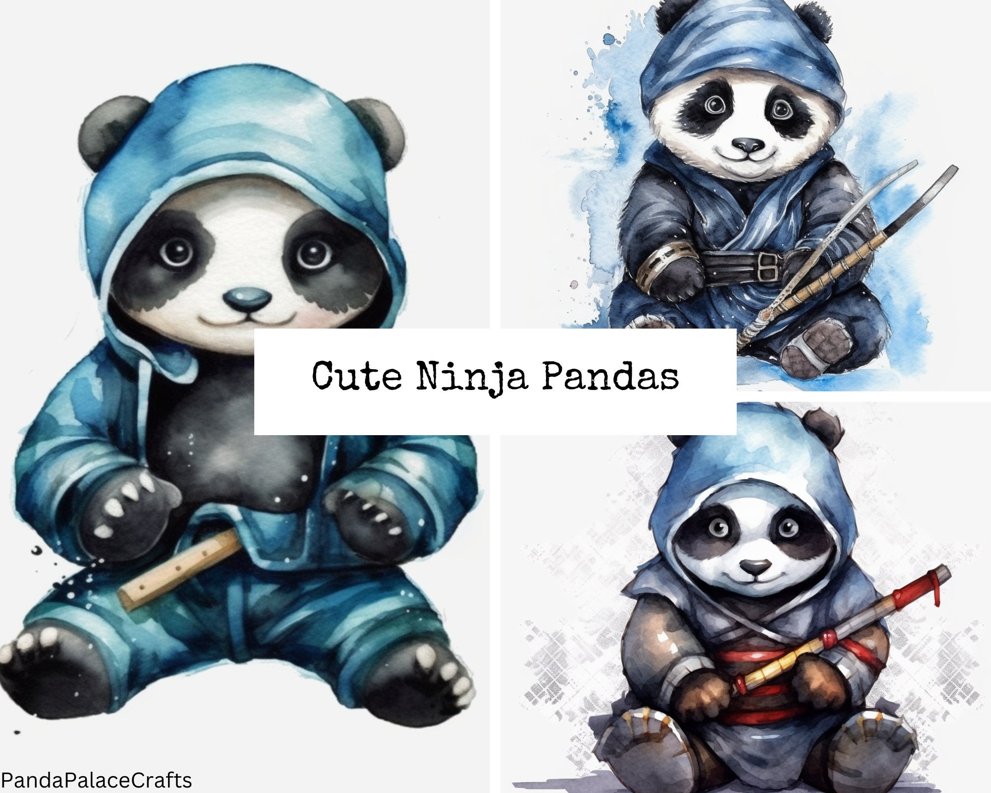 Baby Ninja Panda Clipart, Cute Ninja Pandas, Shinobi Black Panda, Panda Watercolor Clipart ...