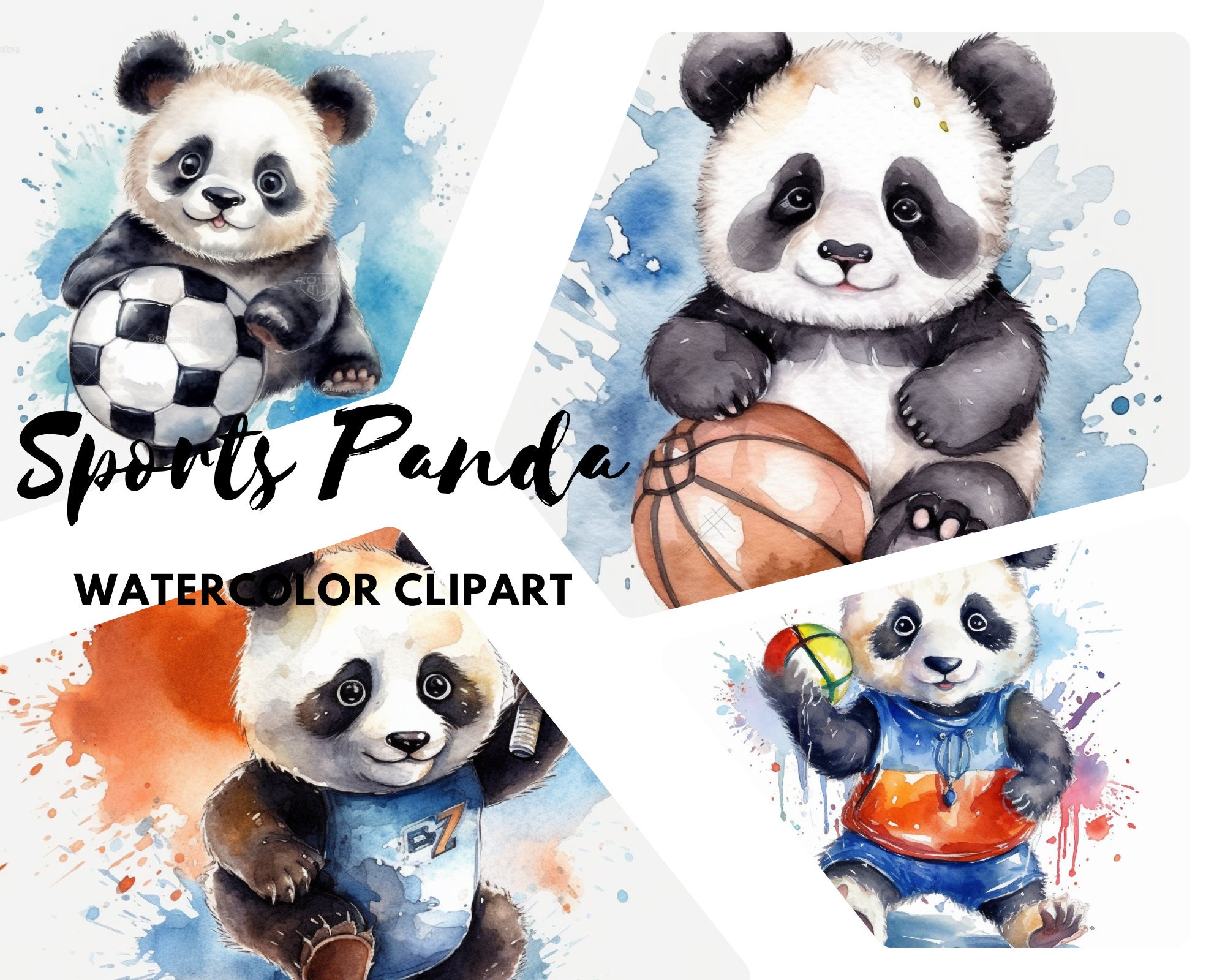 Cute Pandas Playing Sports, Baby Panda Clipart, Football Basektball ...