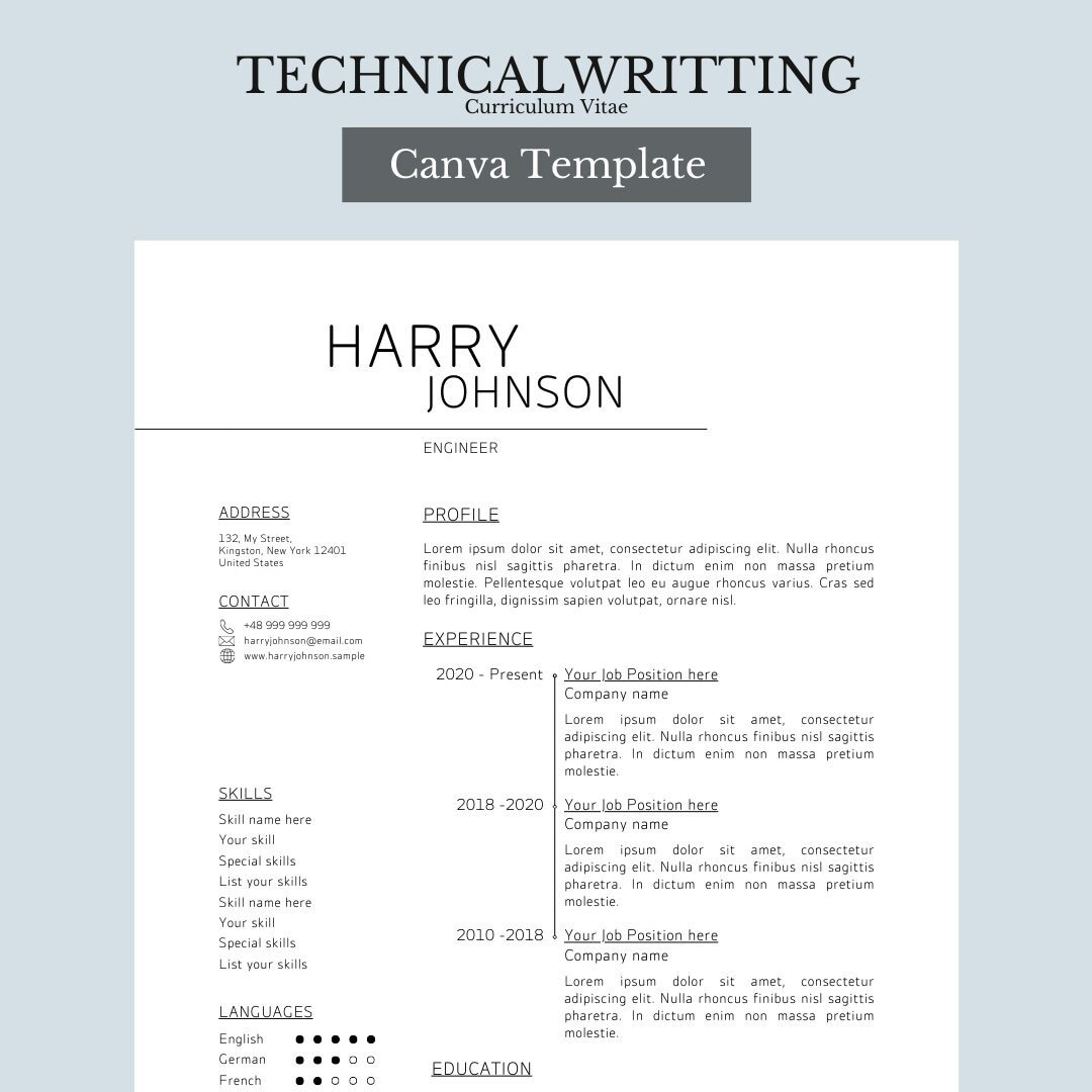 CV Technical Writting Canva Template Editable Professional, Minimalist ...
