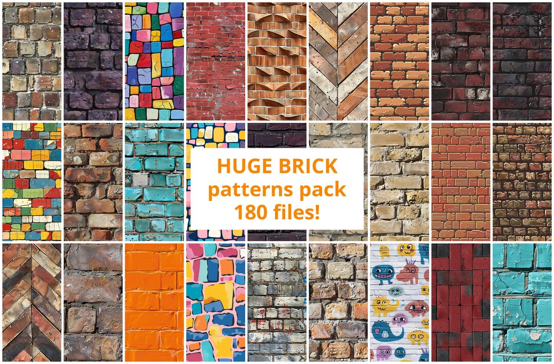 Huge Pack (180 Pcs) of Brick Seamless Pattern, Game, Rustic, Vintage ...