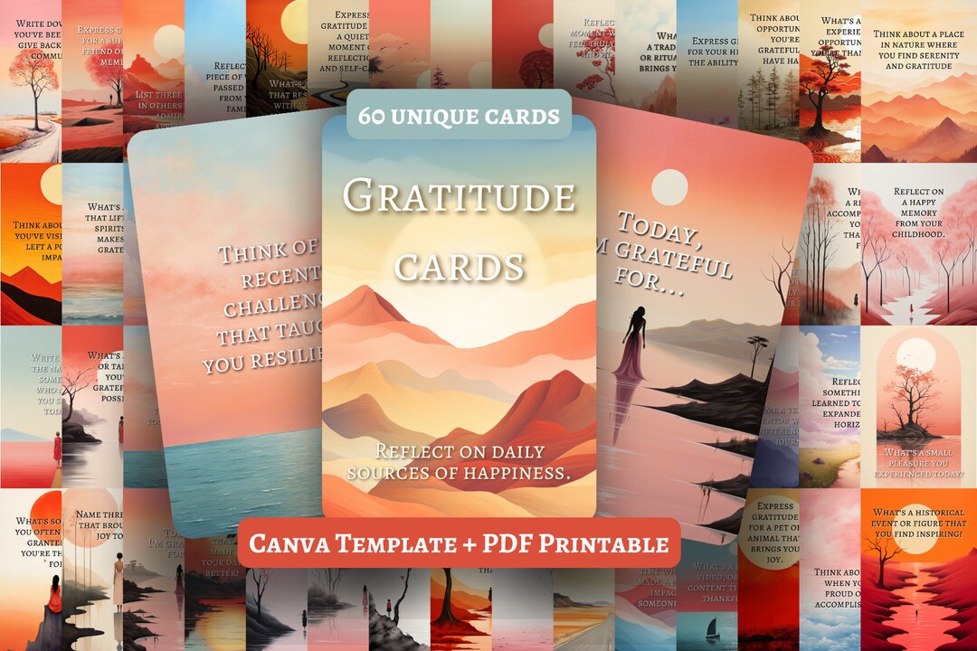 60 Gratitude Cards - Canva Template + PDF Printable - 2.5 X 3.5 Inch ...