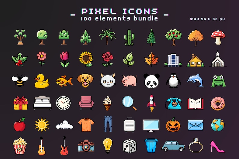 100 Pixel Art Icons - Psd Bundle File + 100 PNG Files, Each in 3 Sizes ...