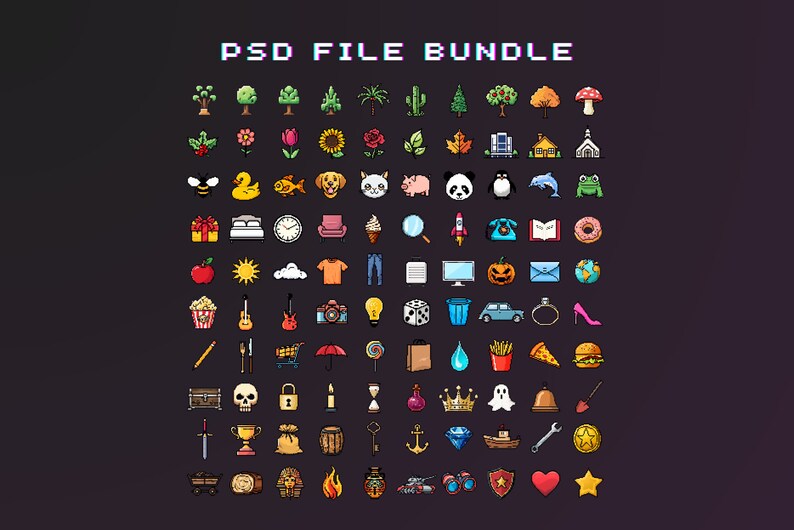 100 Pixel Art Icons - Psd Bundle File + 100 PNG Files, Each in 3 Sizes ...