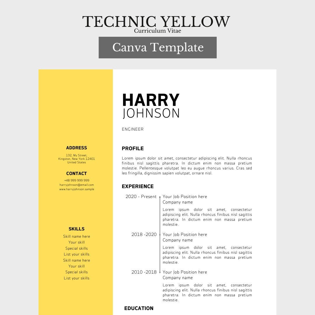 CV Technic Yellow Canva Template Editable Professional, Minimalist ...
