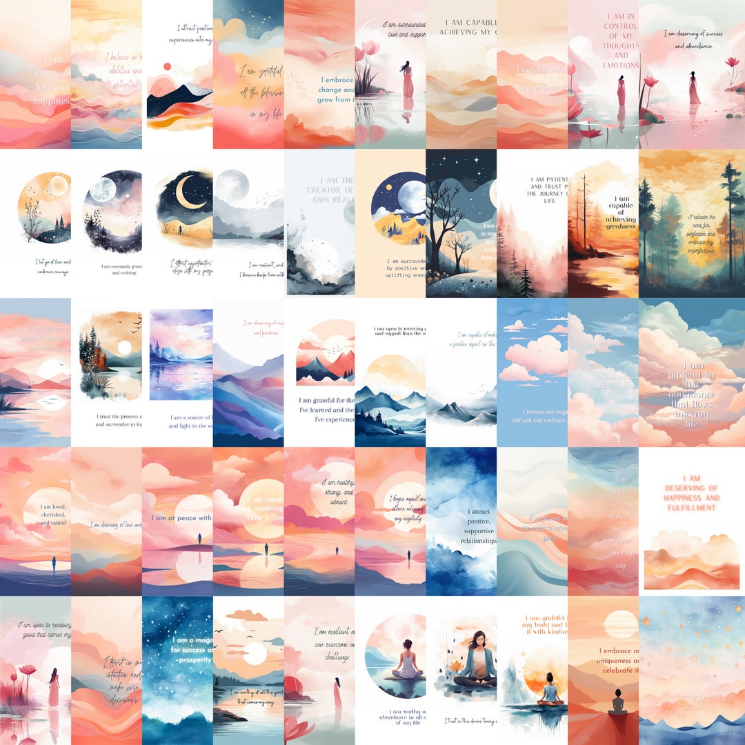 50 Aesthetic Affirmation Cards - Painted - Pdf Printable File and Canva ...