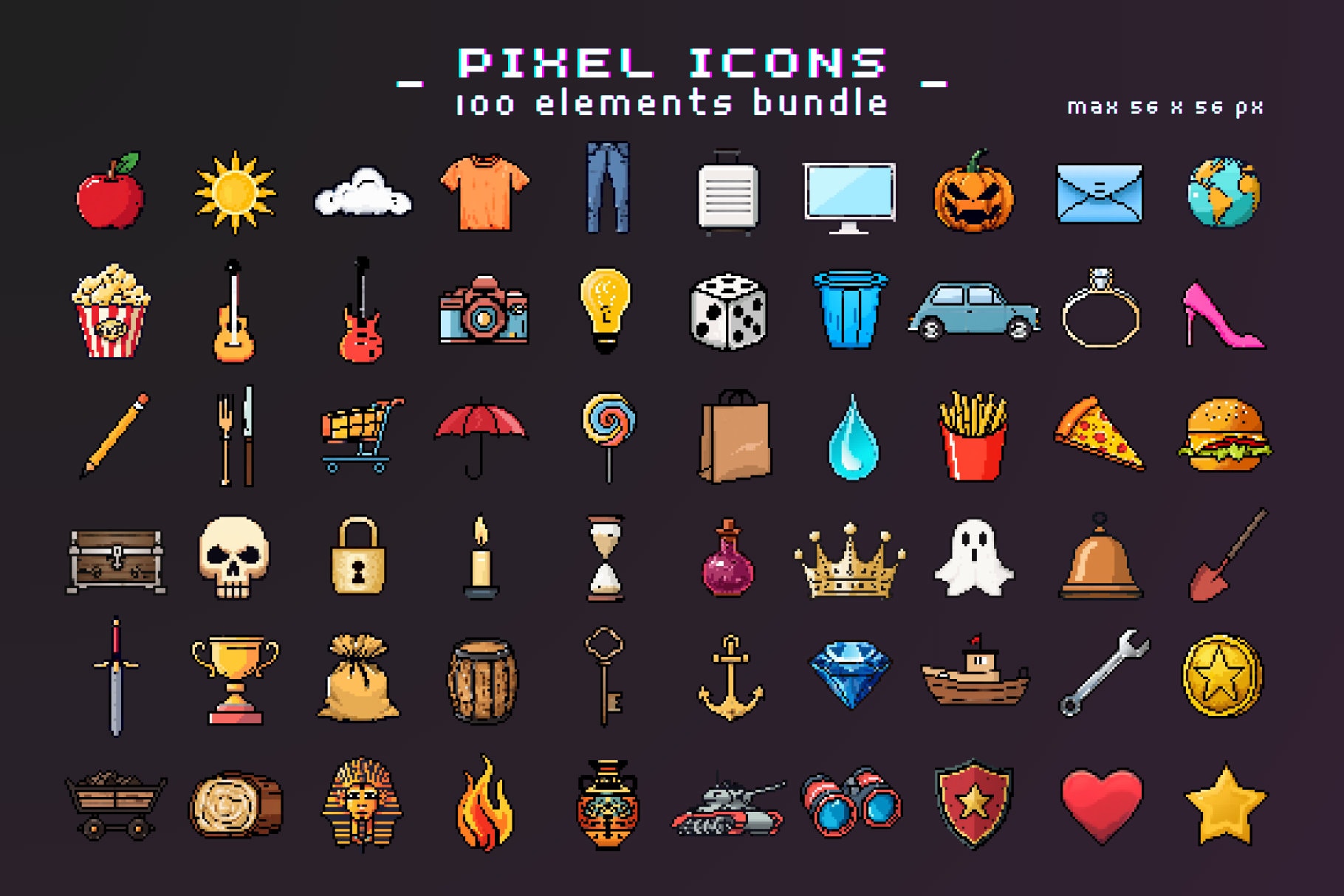100 Pixel Art Icons - Psd Bundle File + 100 PNG Files, Each in 3 Sizes ...